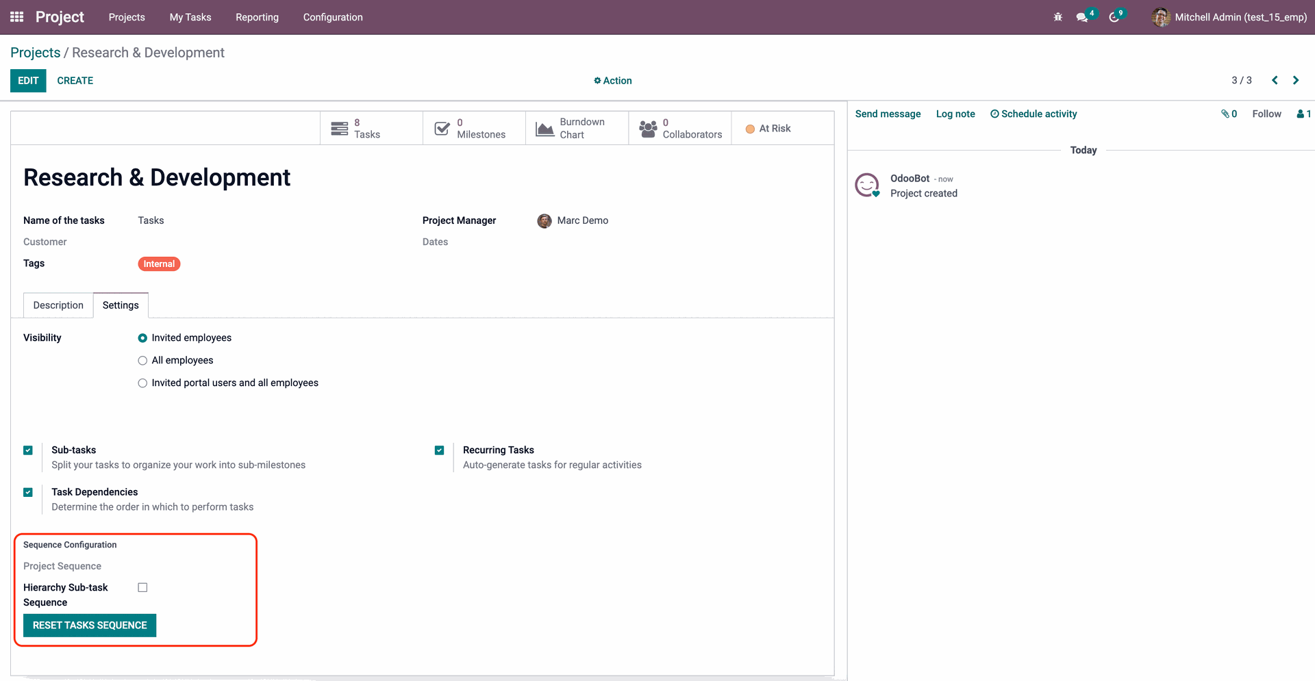 Odoo Projekt Modul - Reihenfolge für Aufgaben festlegen - bloopark.de